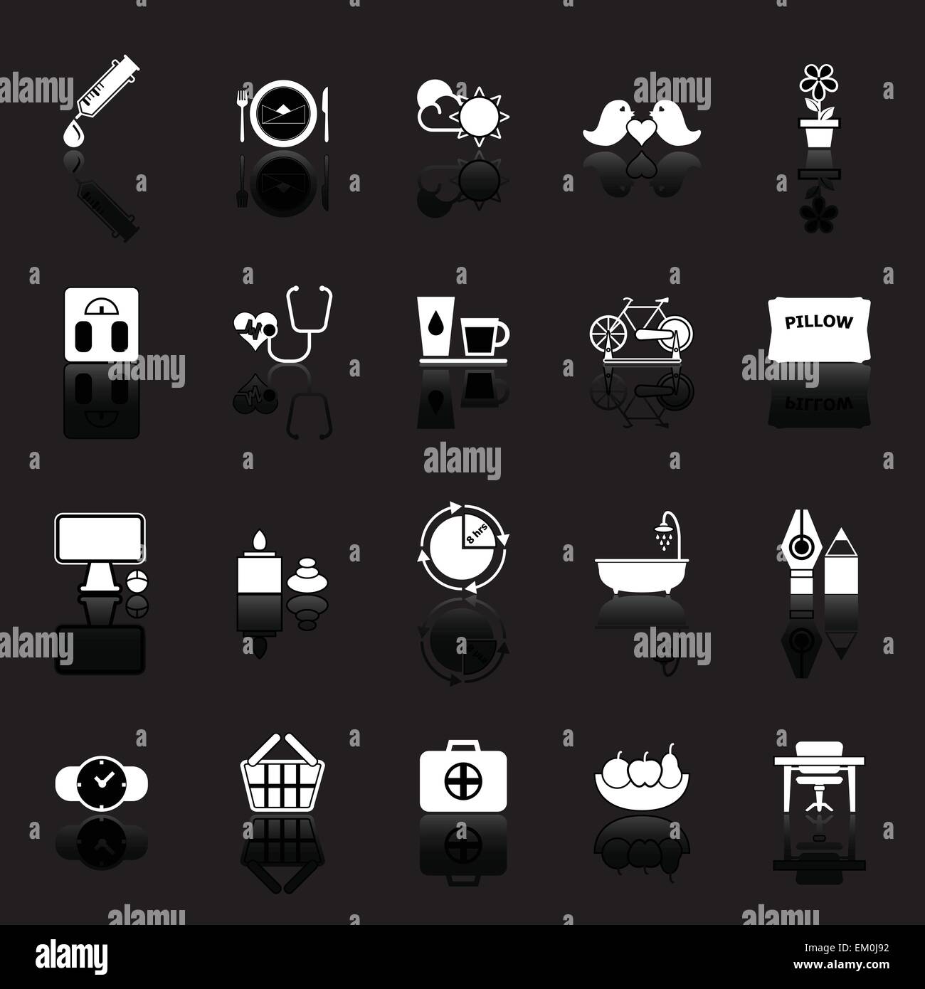 Health behavior icons with reflect on black background, stock vector ...