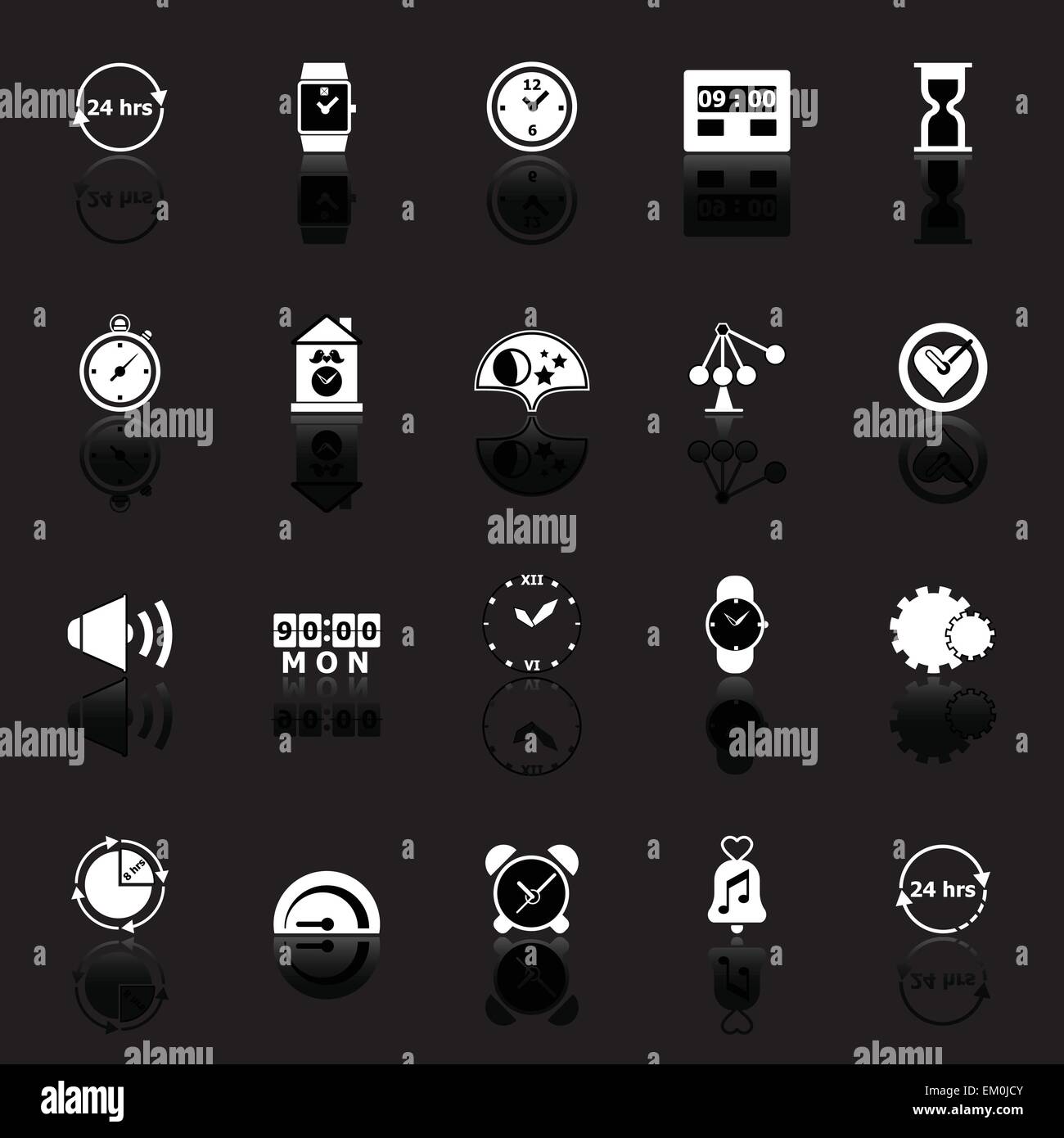 Time related icons with reflect on black background, stock vector Stock ...