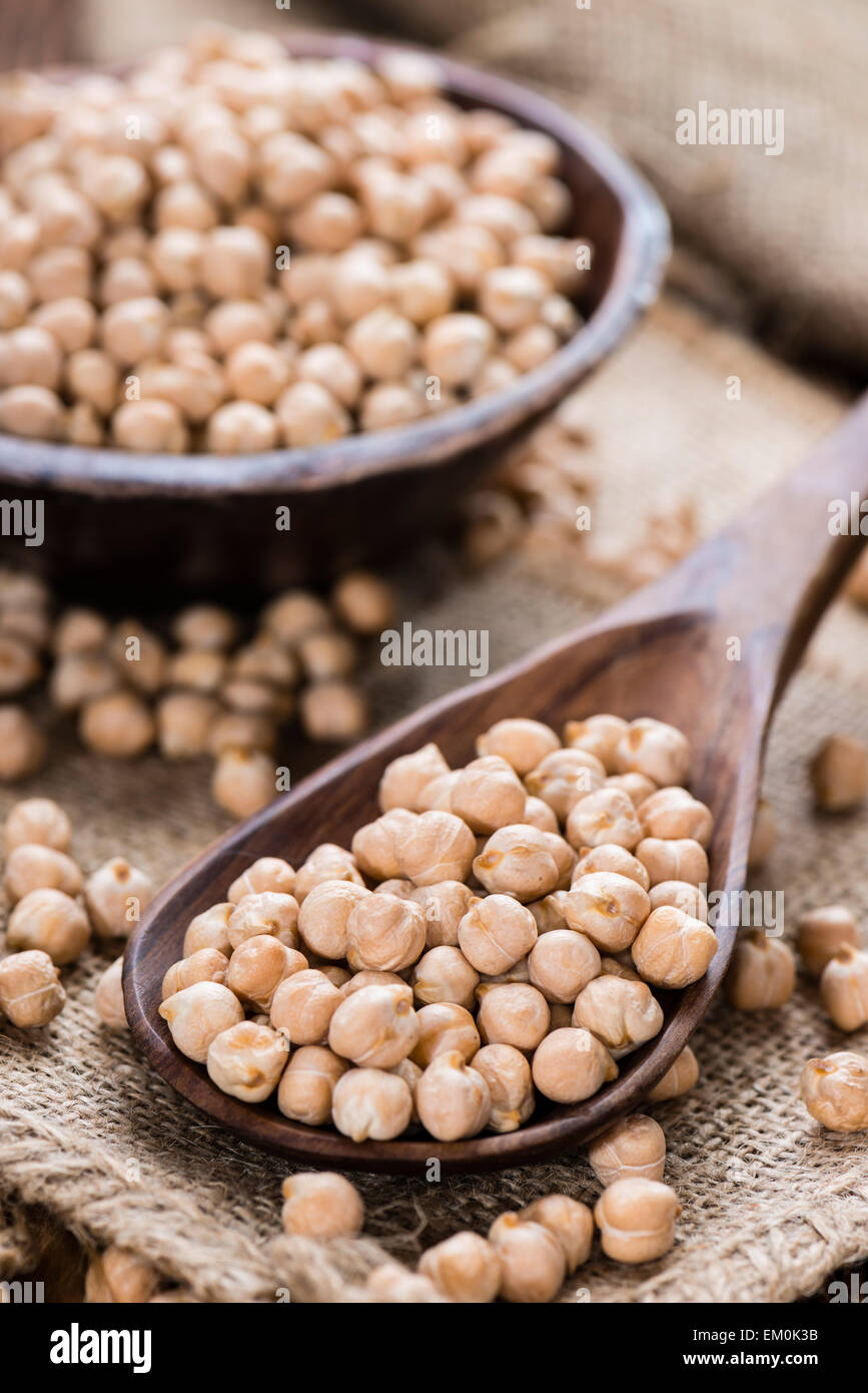 Chick Peas (detailed close-up shot) on vintage wooden background Stock ...