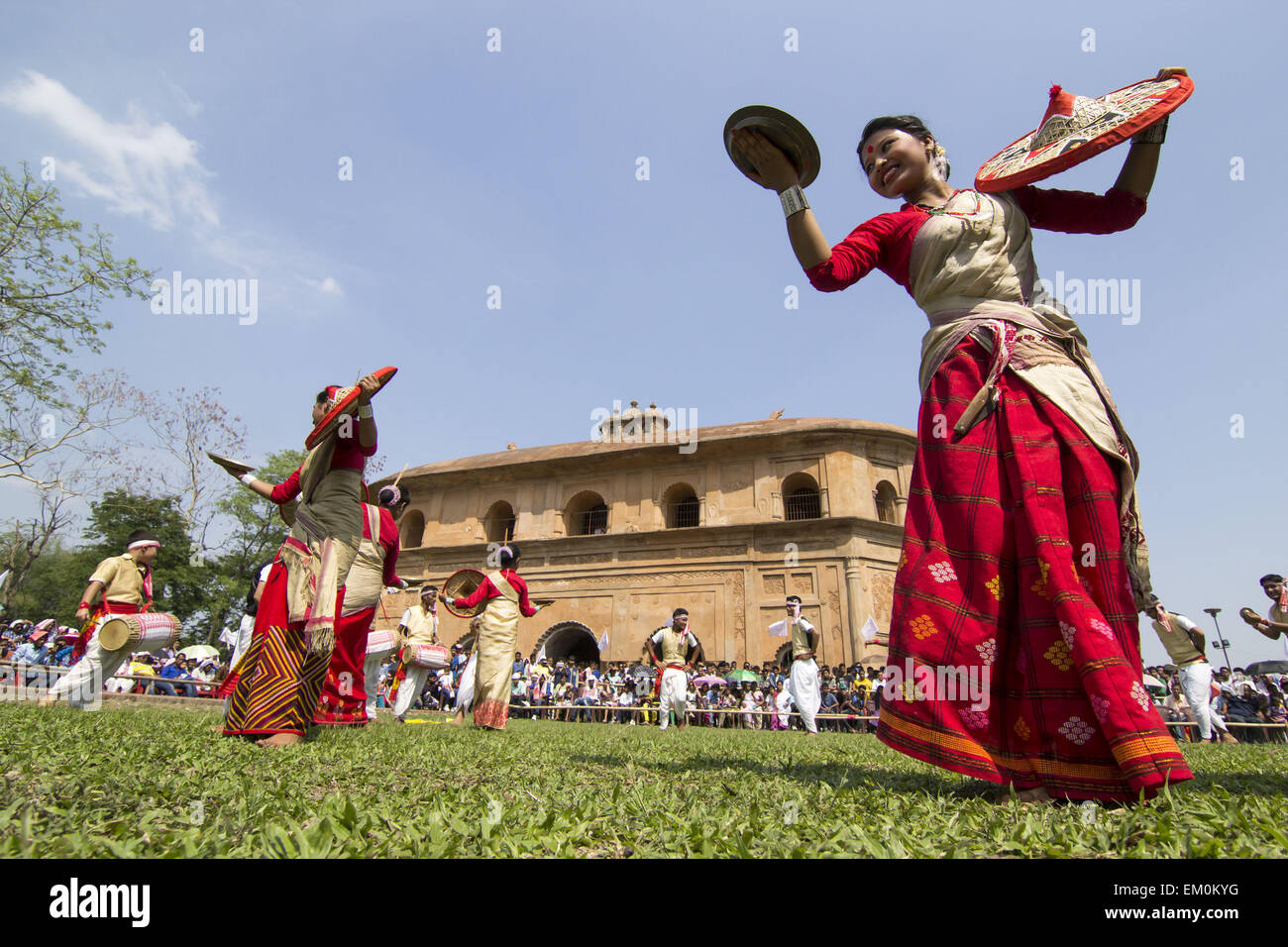 Sivasagar, Assam, India. 15th Apr, 2015. Girls perform Bihu dance at ...