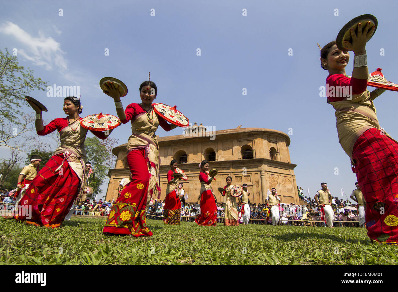 Sivasagar, Assam, India. 15th Apr, 2015. Girls perform Bihu dance at ...