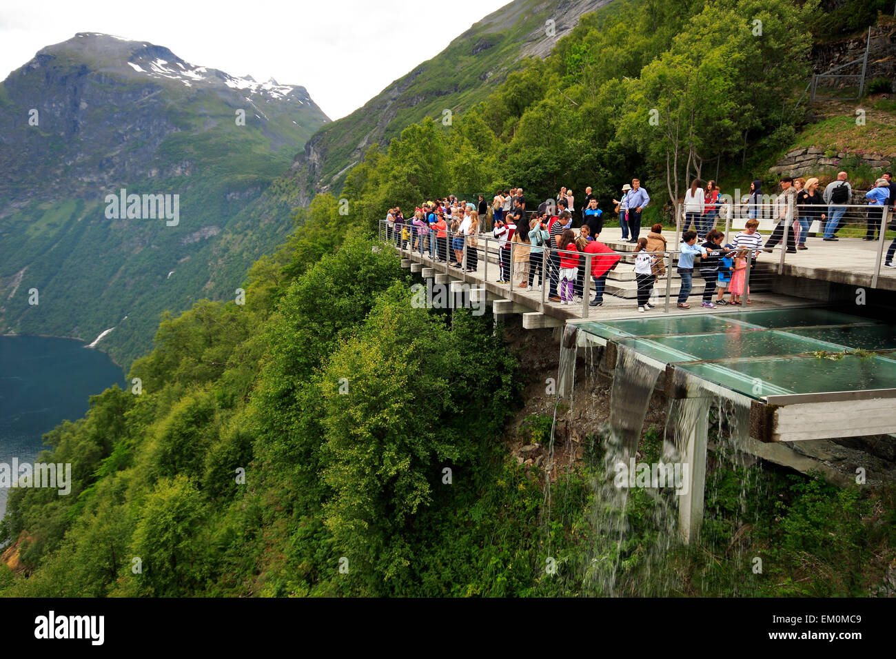 Tourists at the Eagle’s Road viewing platform, Geiranger, Norway ...