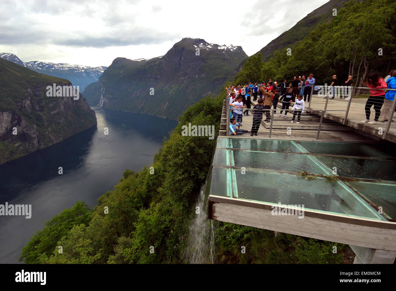 Tourists at the Eagle’s Road viewing platform, Geiranger, Norway ...