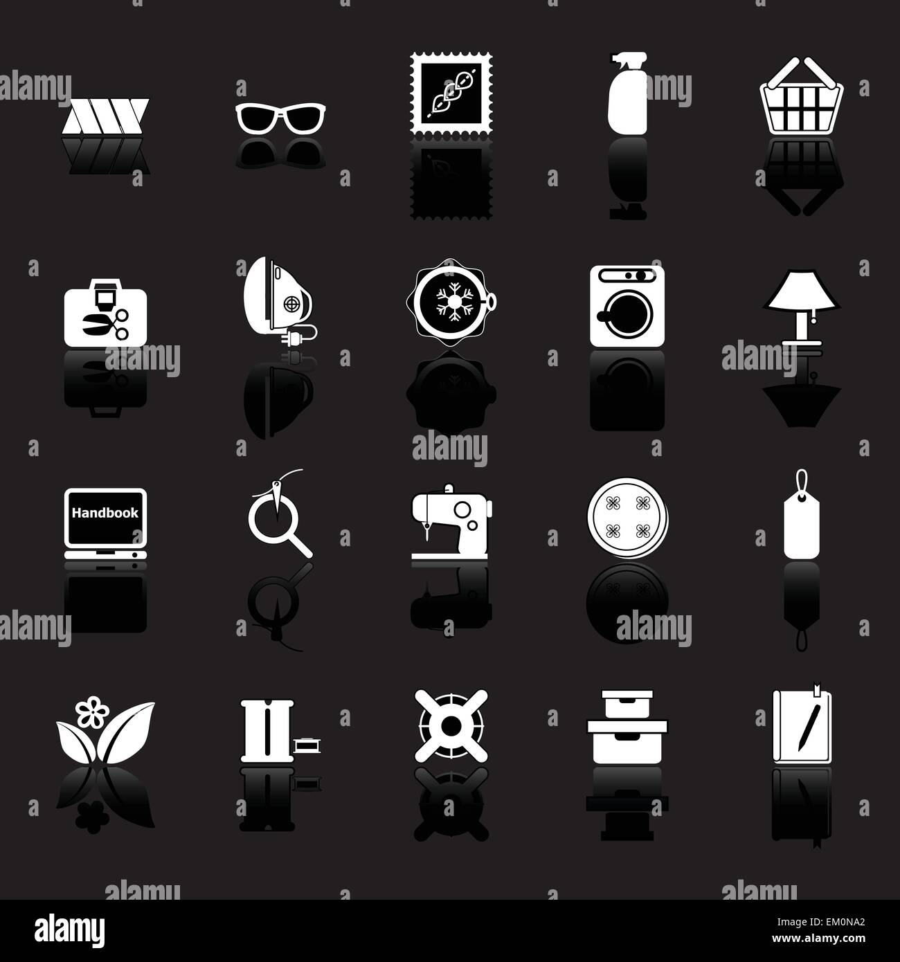 Sewing cloth related icons with reflect on black background, stock ...