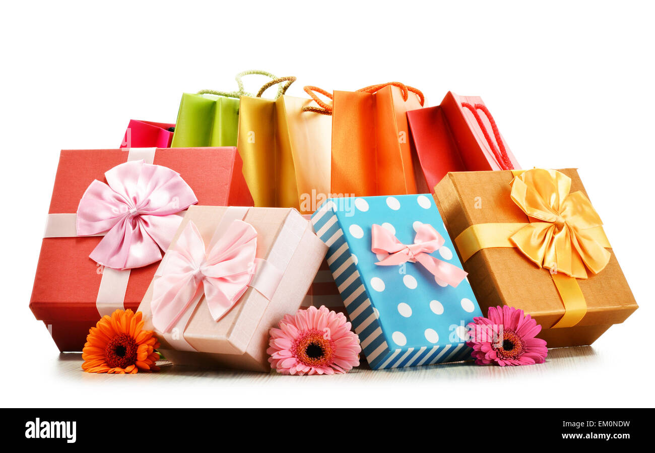 Colorful gift boxes and bags isolated on white background Stock Photo ...