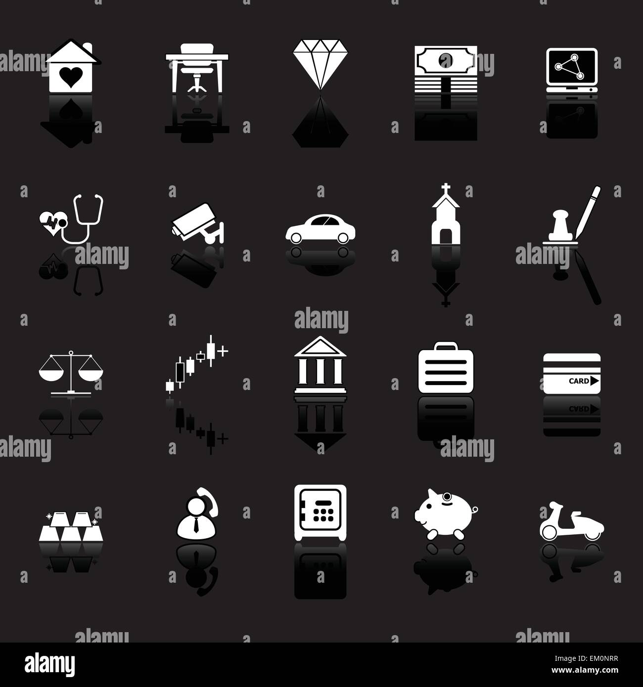 Insurance related icons with reflect on black background, stock vector ...