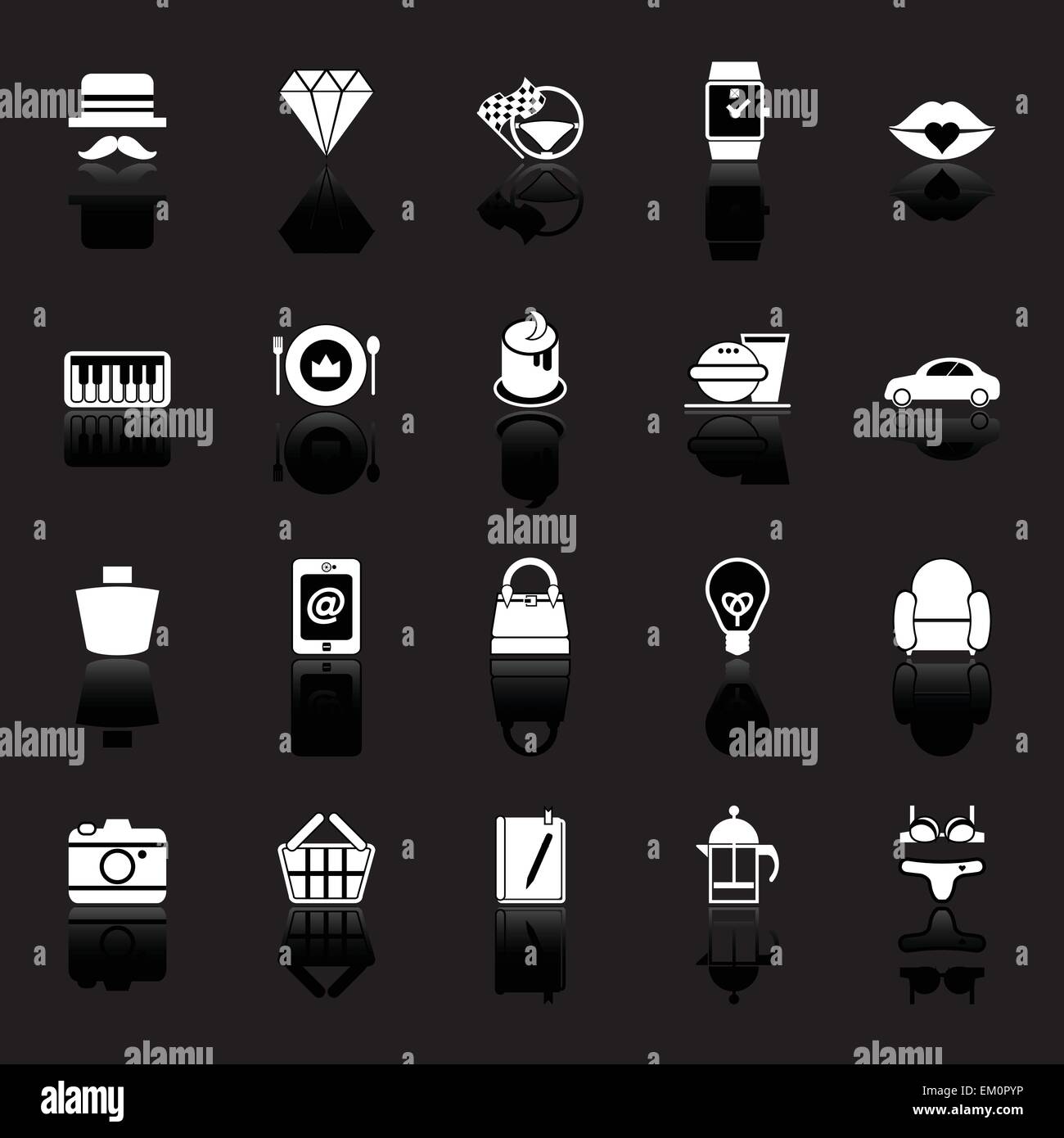 Department store item category icons with reflect on black background ...