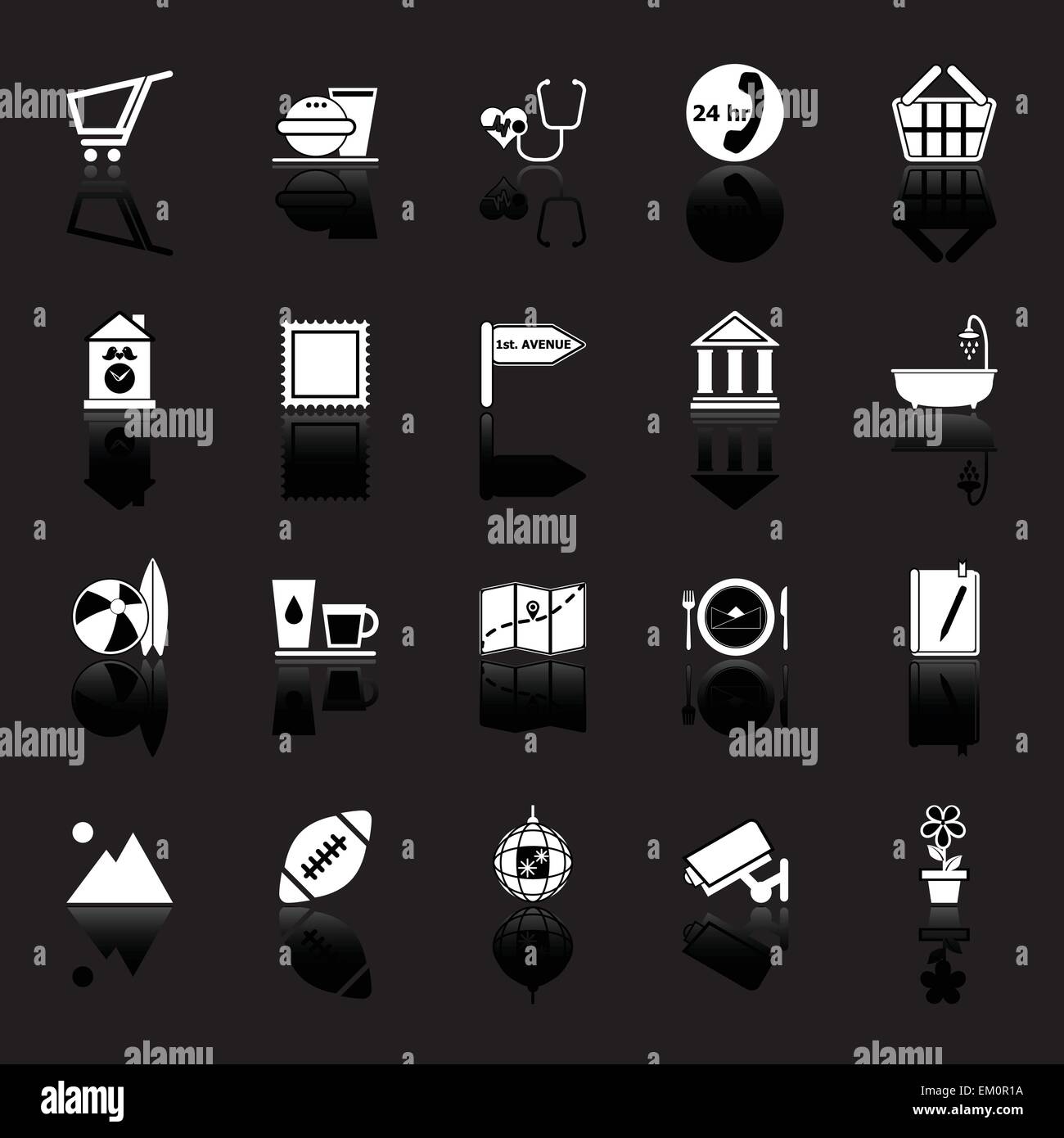 Public place sign icons with reflect on black background, stock vector ...