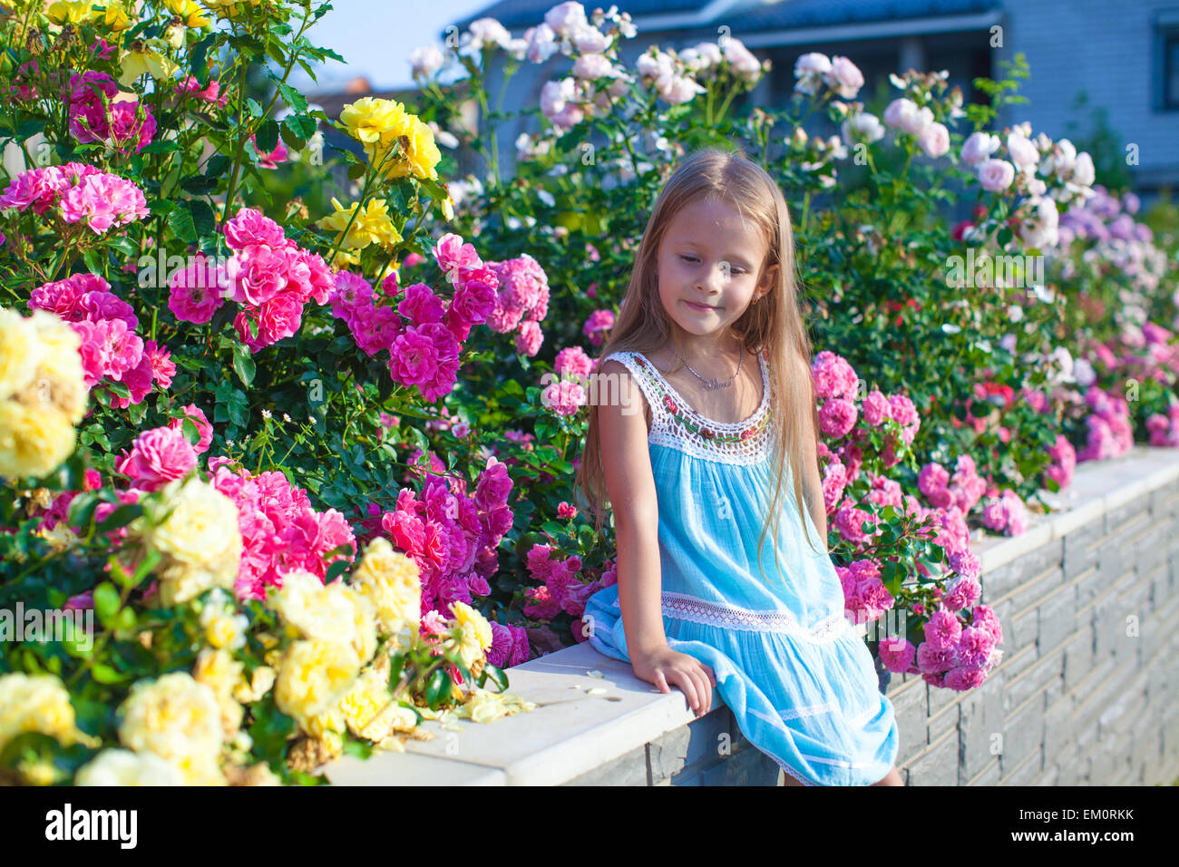 Little adorable girl sitting near colorful flowers in the garden Stock ...