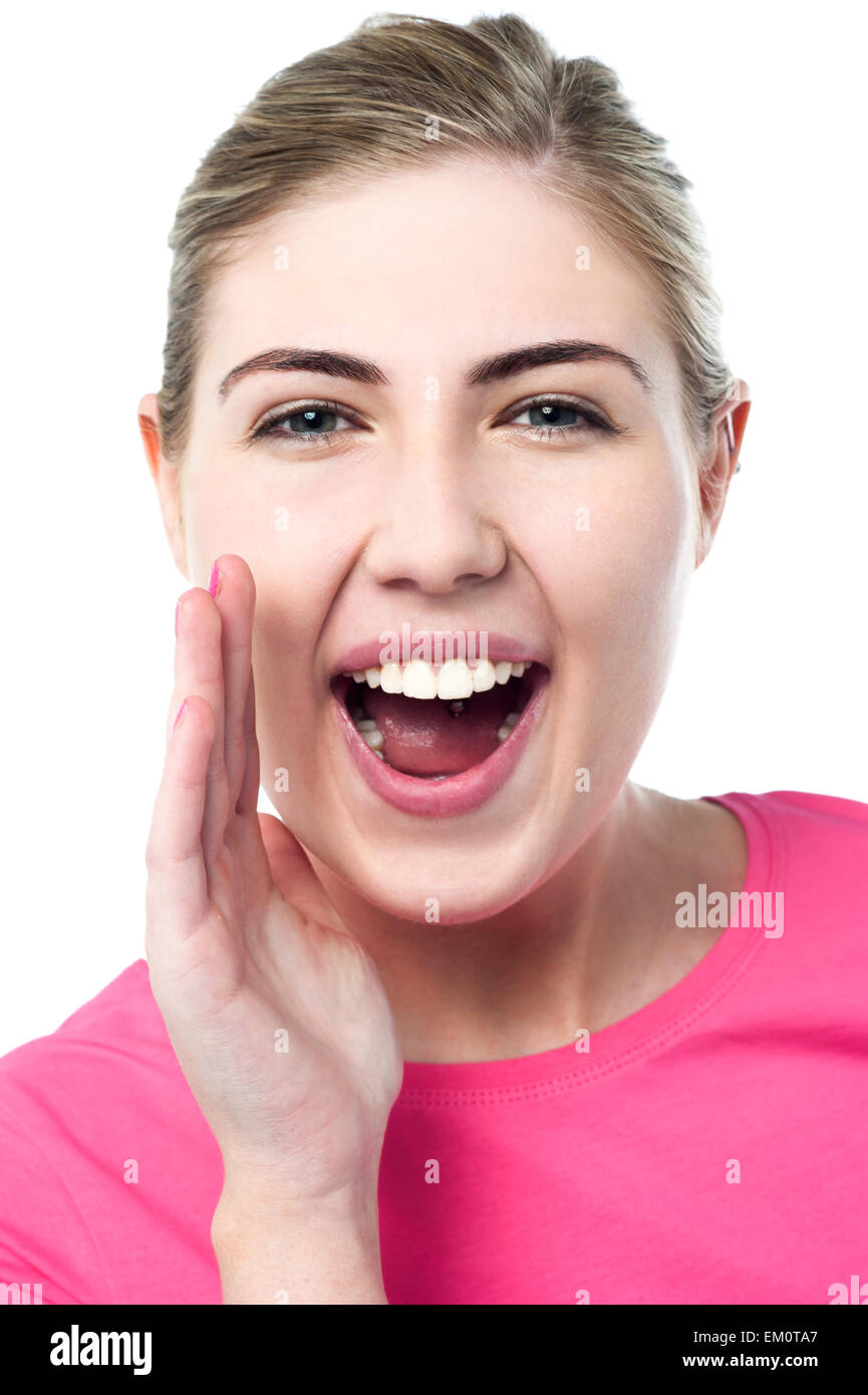 Beautiful girl whispering a secret to you Stock Photo - Alamy