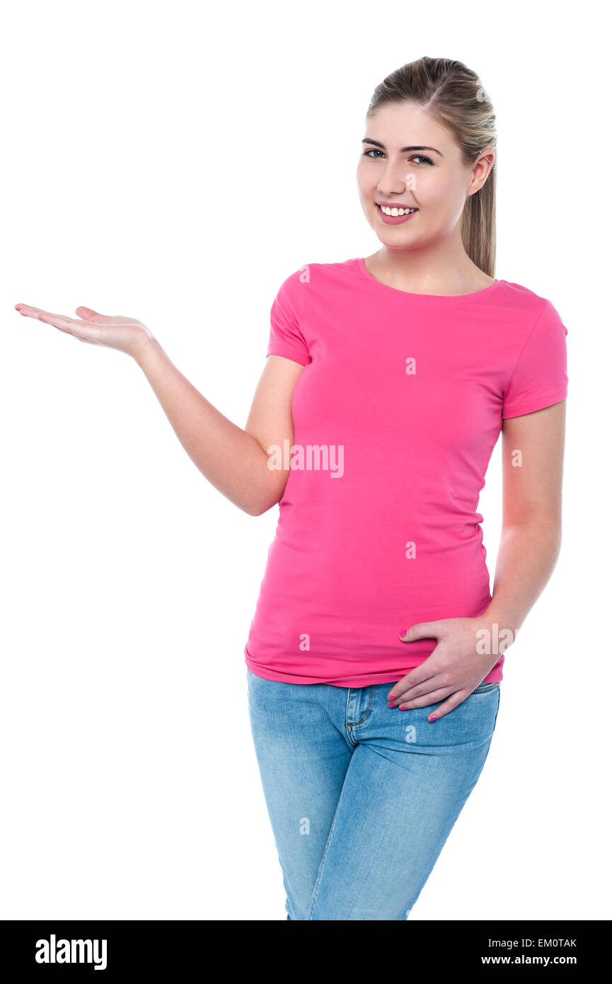 Pretty girl promoting something Stock Photo - Alamy