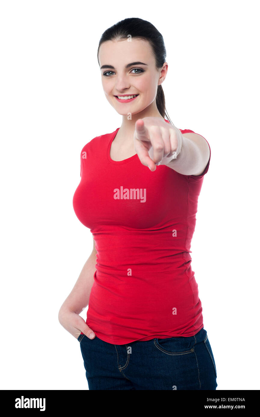 Pretty girl pointing you out Stock Photo - Alamy
