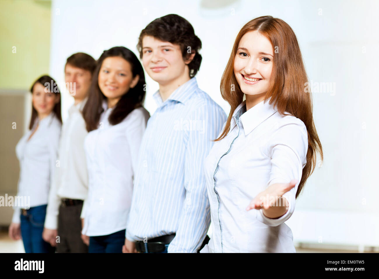 Five students smiling Stock Photo - Alamy
