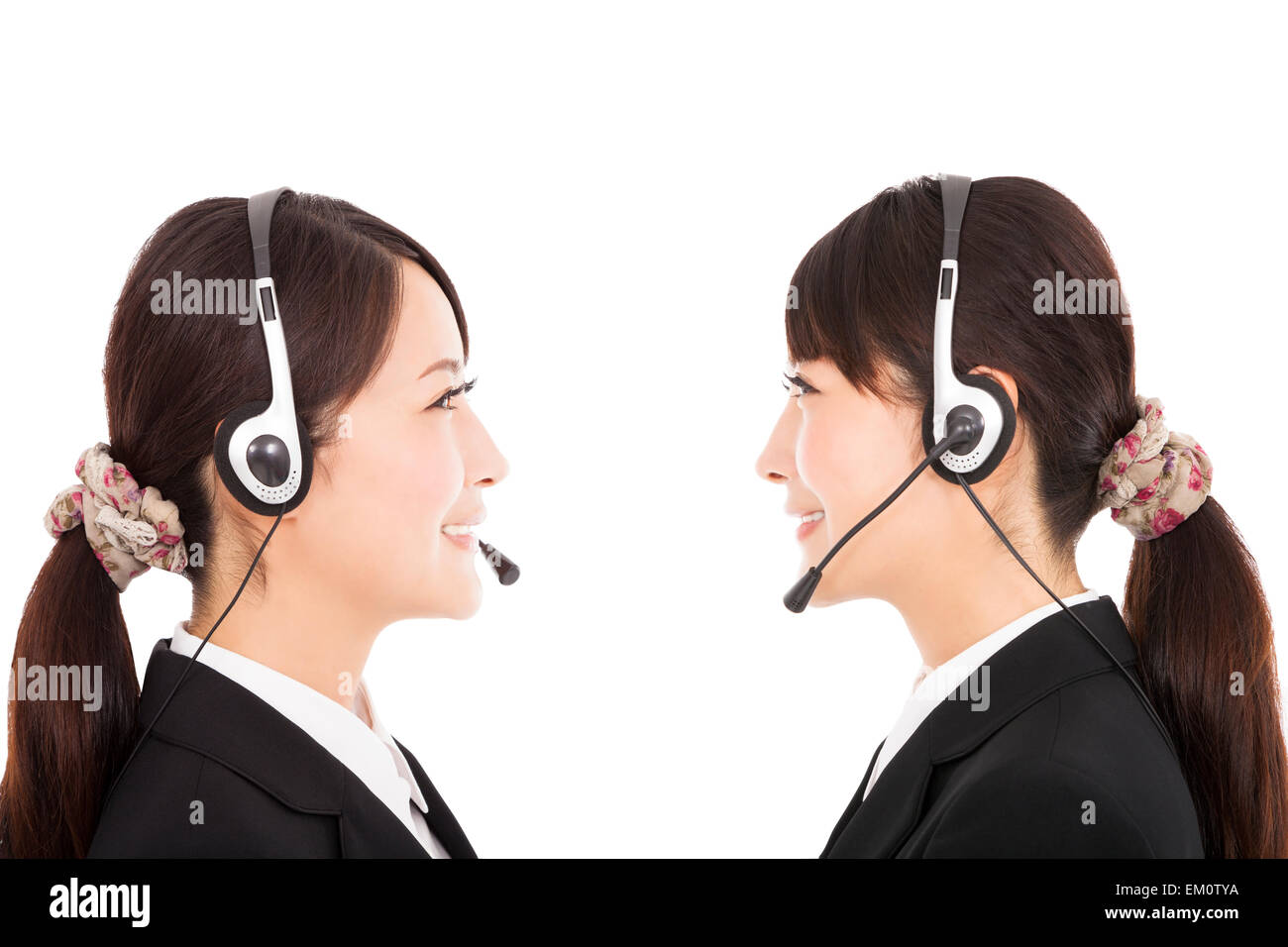 side view smiling businesswoman with headphone Stock Photo - Alamy