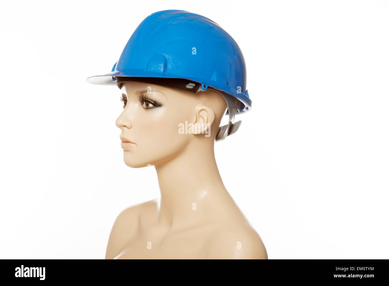 Mannequin wearing blue safety helmet on white Stock Photo - Alamy