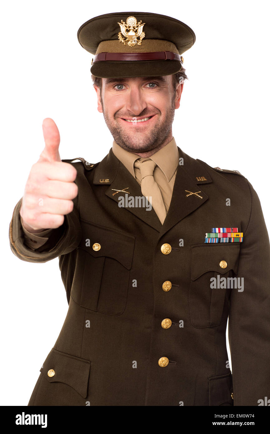 Happy military man gesturing thumbs up Stock Photo - Alamy