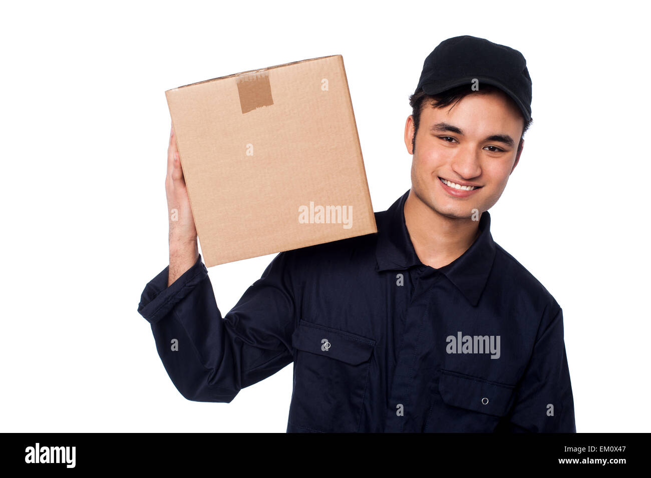 Smart courier boy with parcel on shoulders Stock Photo - Alamy
