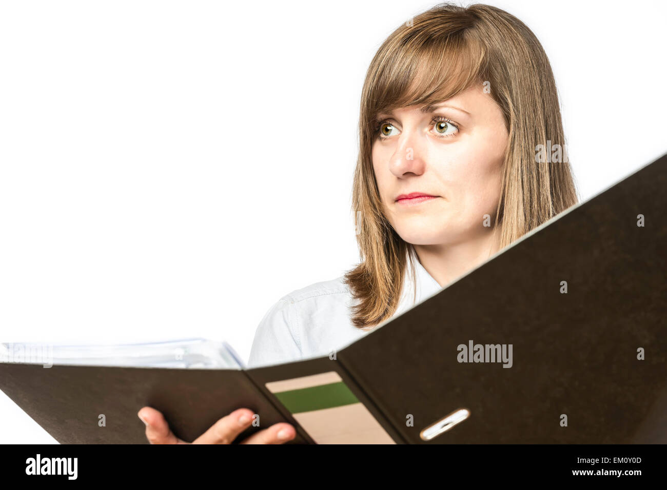Woman holding open file folder Stock Photo - Alamy
