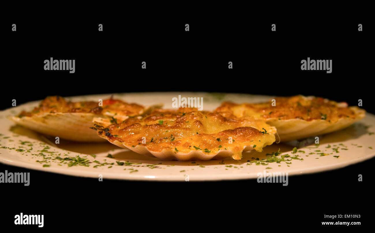 Plate of Scallop shells with the mollusk au gratin isolataded over ...