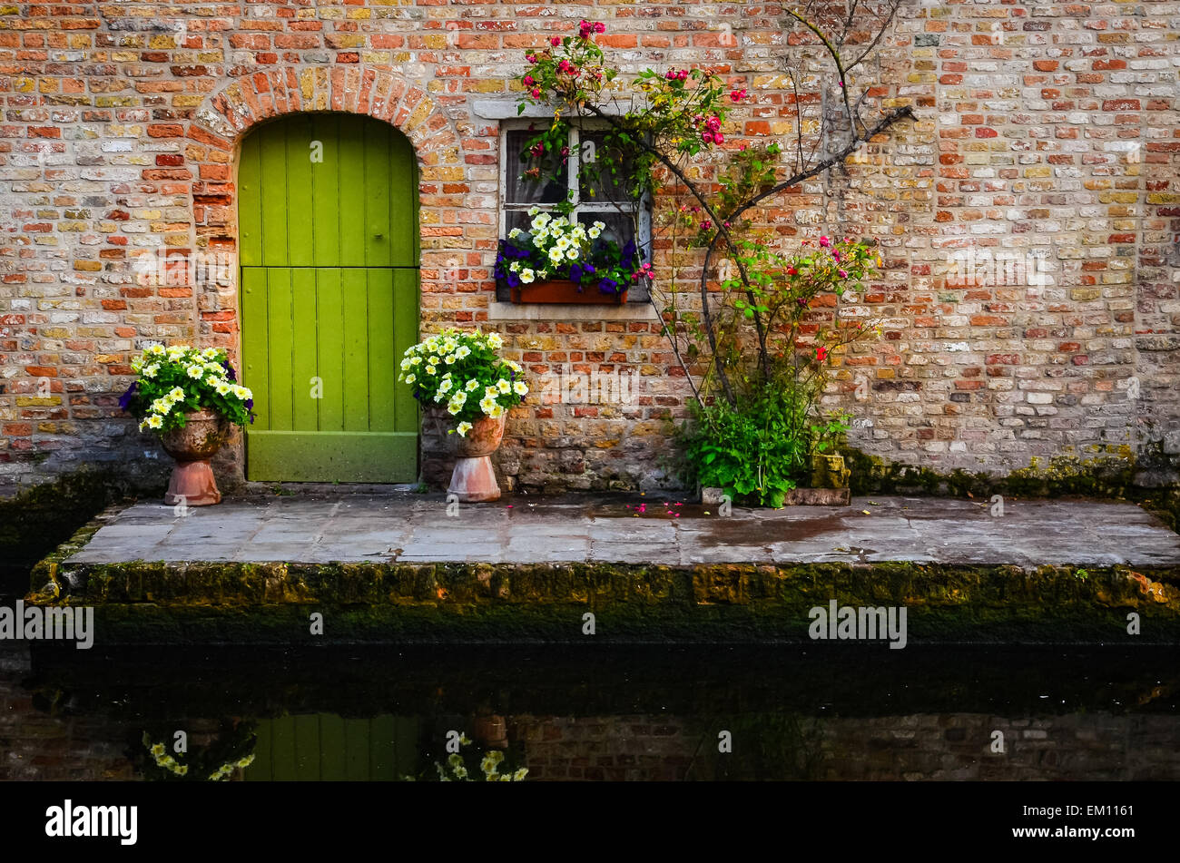 Vintage old wall with green door and flowers Stock Photo - Alamy