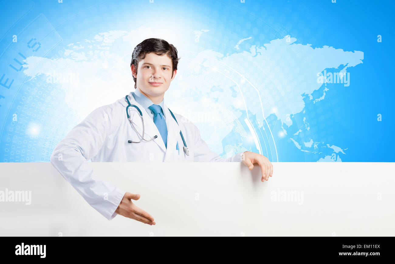 Doctor with blank banner Stock Photo - Alamy