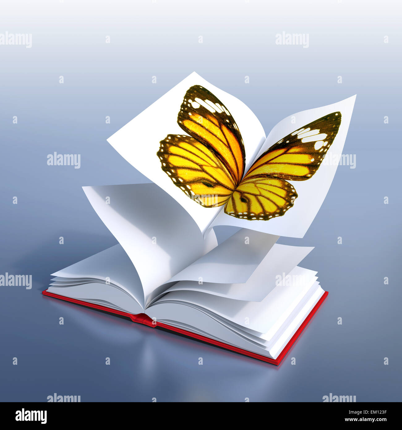 Red hardcover book open in its middle, as the wings of a butterfly ...