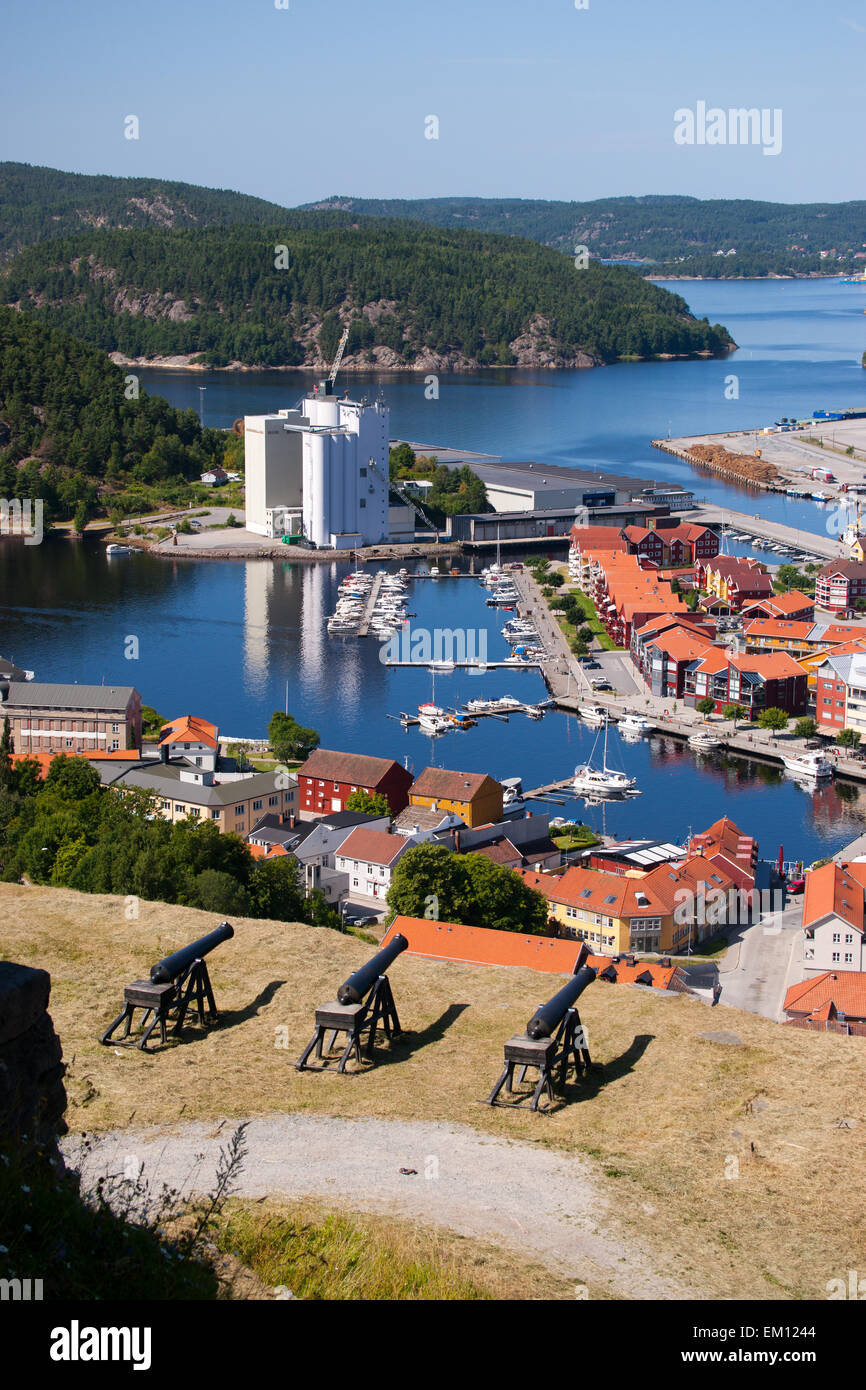 Cannons at Fredriksten Fort and Fredriksten view, Norway Stock Photo ...