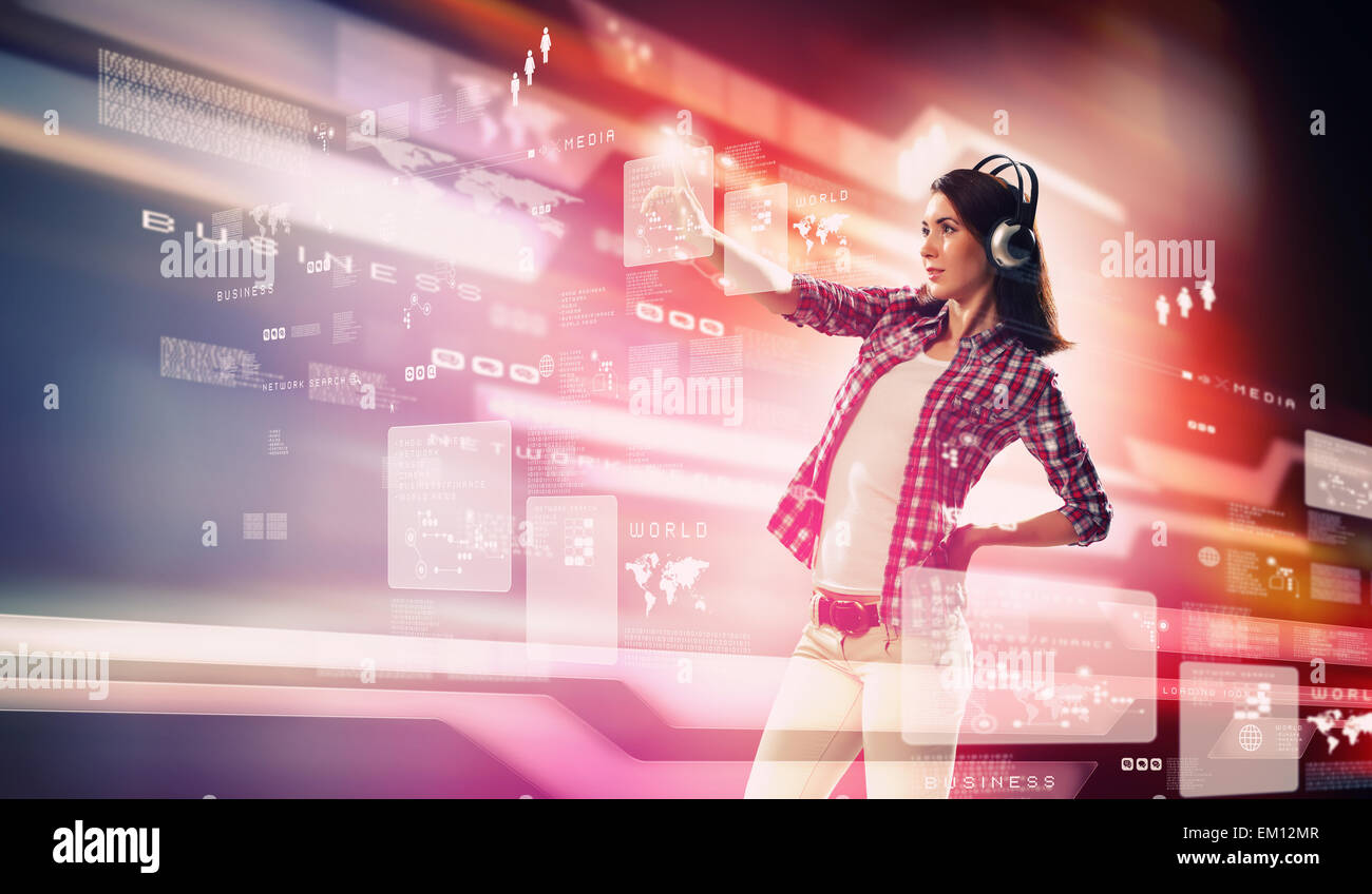 Woman touching virtual screen Stock Photo - Alamy