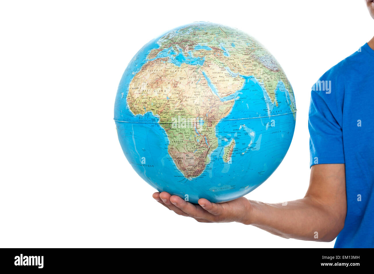 Cropped image of man holding globe Stock Photo - Alamy