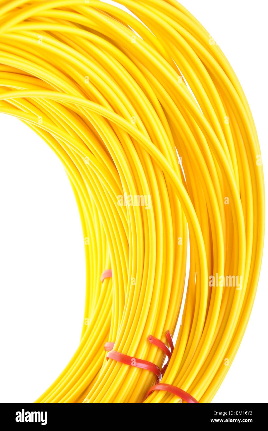 Yellow fiber optic cables isolated on white background Stock Photo - Alamy