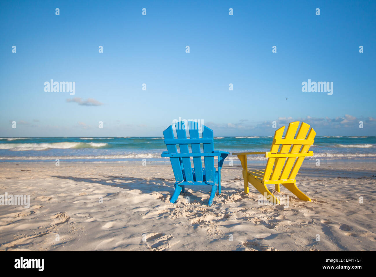 Beach wooden colorful chairs for vacations on tropical beach in Tulum ...