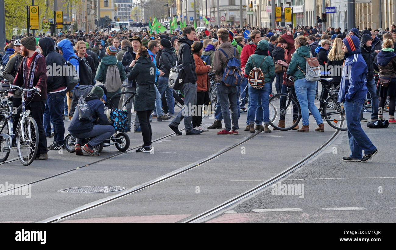 Dresden, Germany. 13th Apr, 2015. Opponents of the anti-Islamic Pegida ...