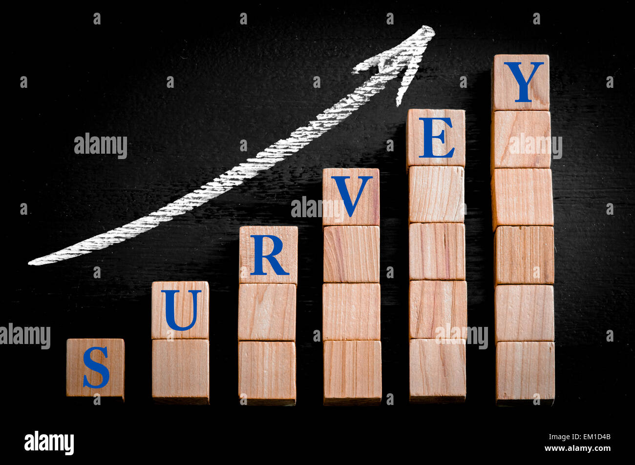 Word SURVEY on ascending arrow above bar graph of Wooden small cubes ...