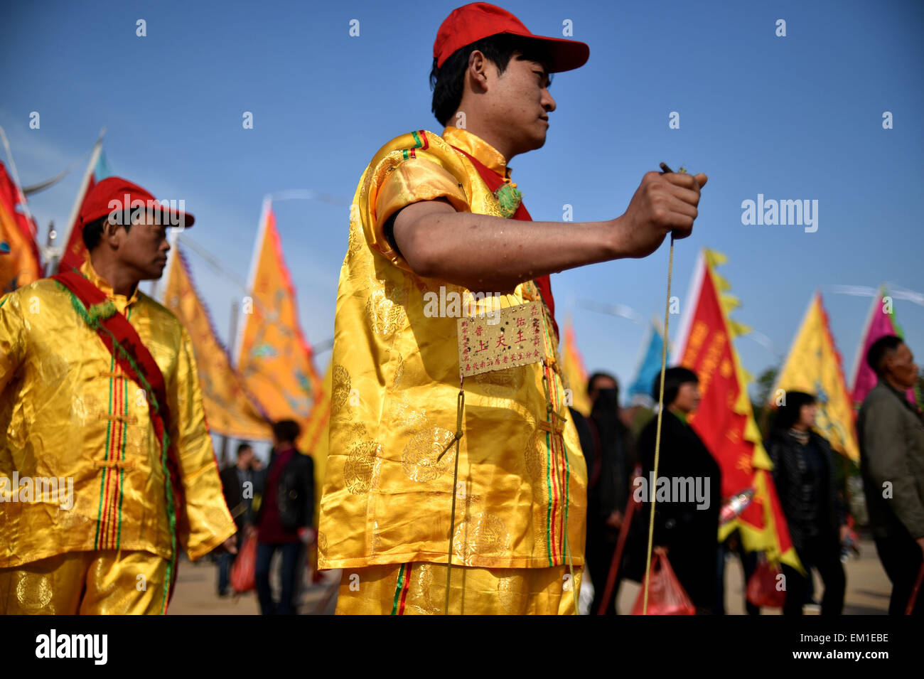 Jiaxing, China. 15th Apr, 2015. Local people attends traditional water ...