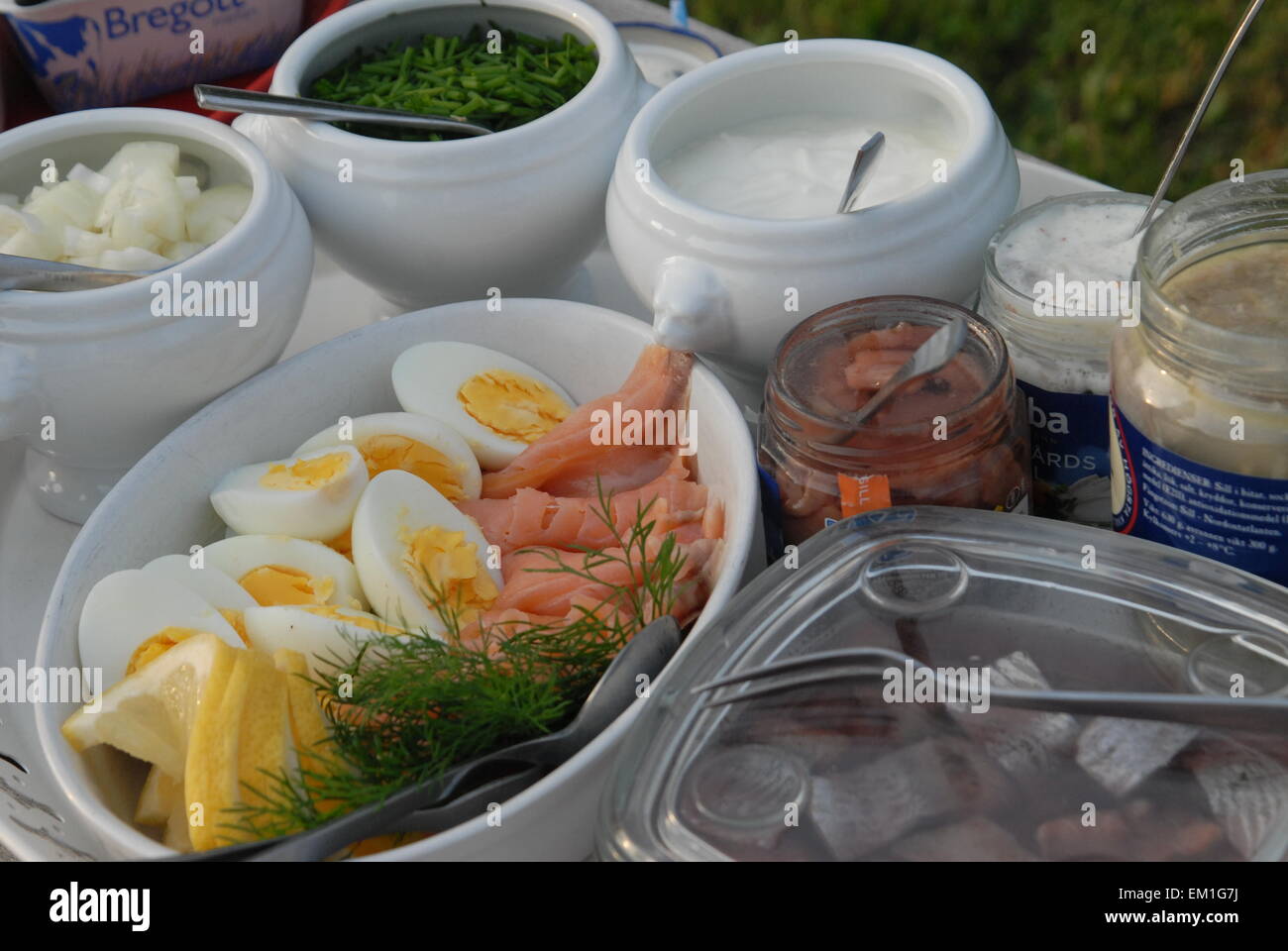 Swedish midsummer buffet with a variety of pickled herring Stock Photo ...