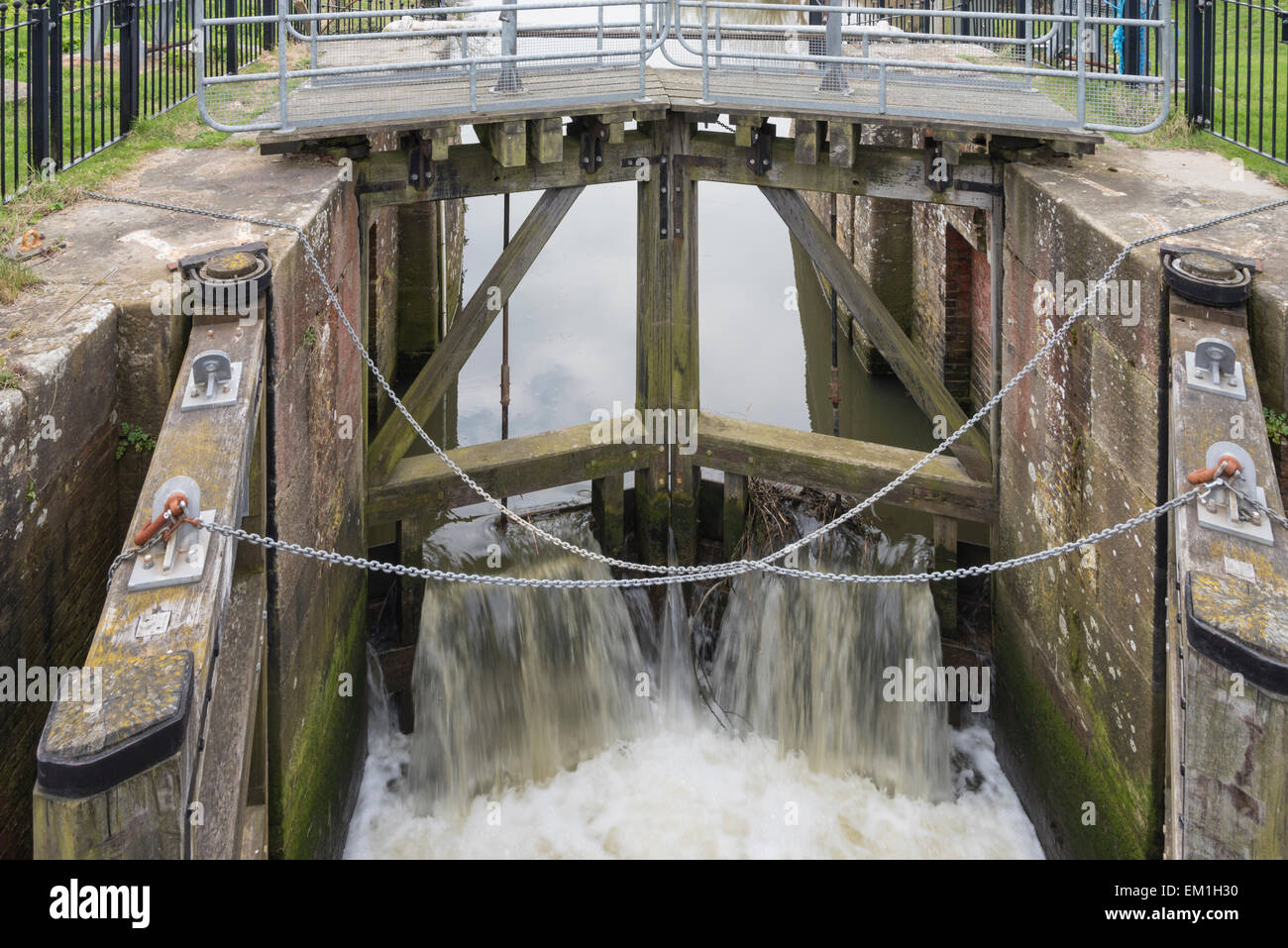 The open lock gates on the River Brede at Rye Harbour in East Sussex ...