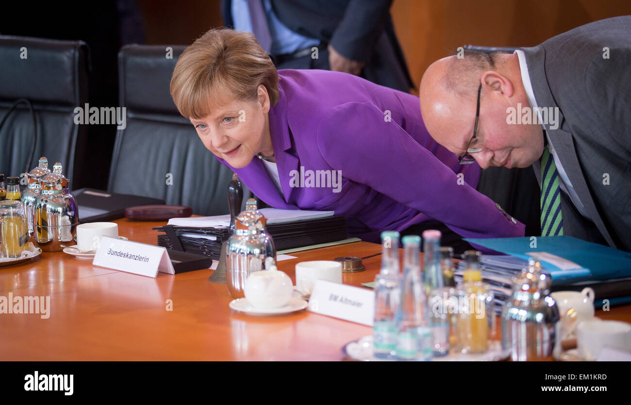 Berlin, Germany. 15th Apr, 2015. German Chancellor Angela Merkel (L ...