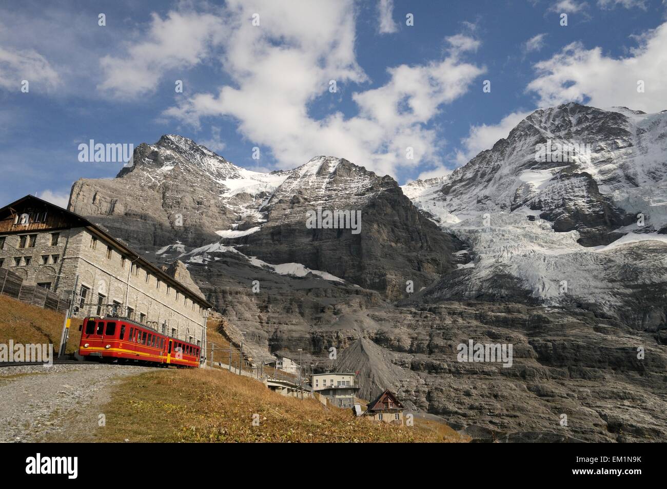 Jungfraujoch Railway Train Passing Eigergletscher Station with Eiger ...