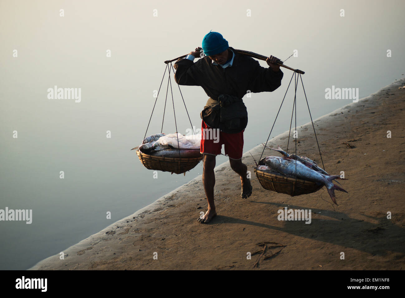 A fisherman walk along the water's edge with baskets full of fish ...