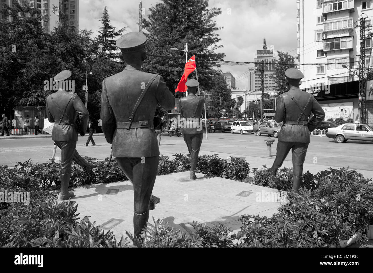 Statues Of Chinese Soldiers Holding A Flag Of China; Kunming Yunnan ...