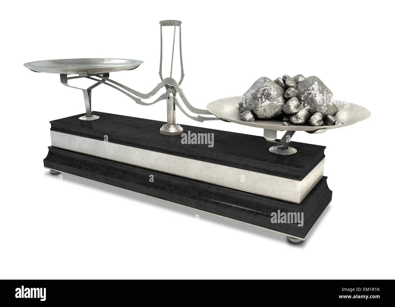 An old metal two pan balance scale with platinum nuggets in one side on ...