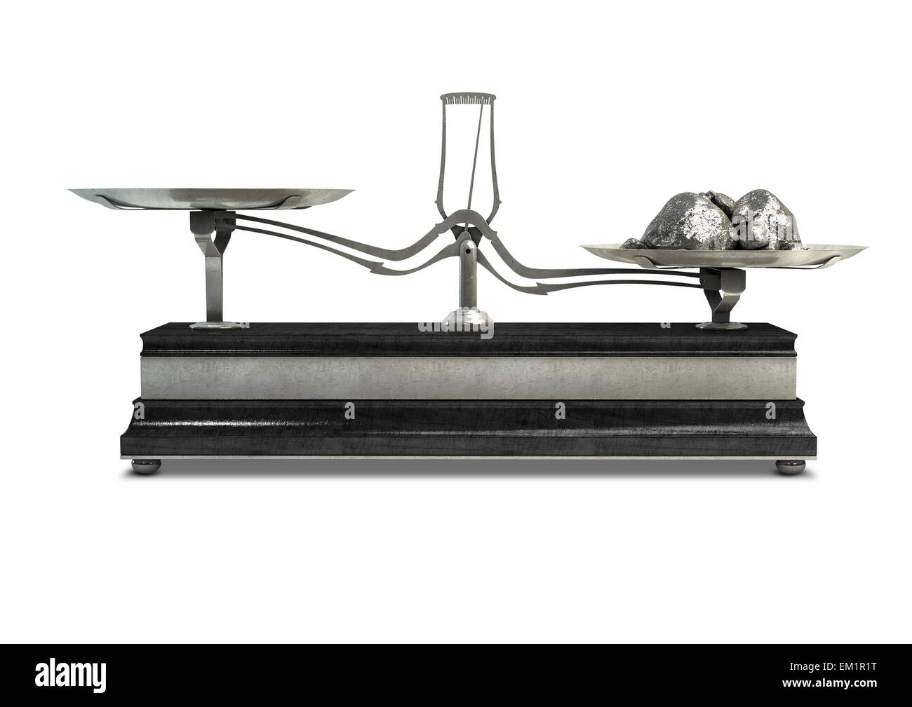 An old metal two pan balance scale with platinum nuggets in one side on ...