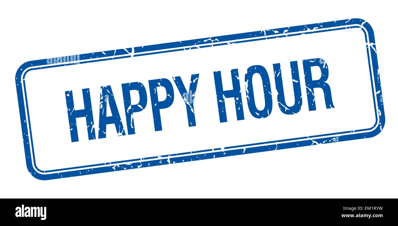 happy hour blue square grungy vintage isolated stamp Stock Photo - Alamy