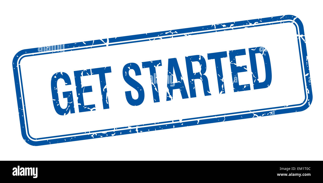 get started blue square grungy vintage isolated stamp Stock Photo - Alamy