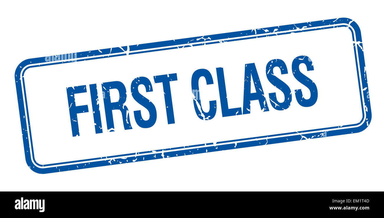 first class blue square grungy vintage isolated stamp Stock Photo - Alamy