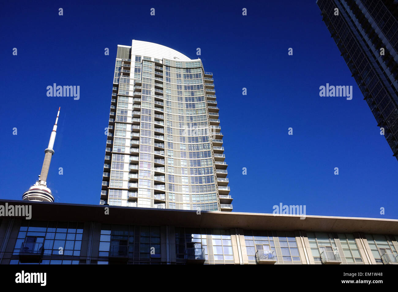 The spire of the CN Tower is just visible to the left of a skyscraper ...
