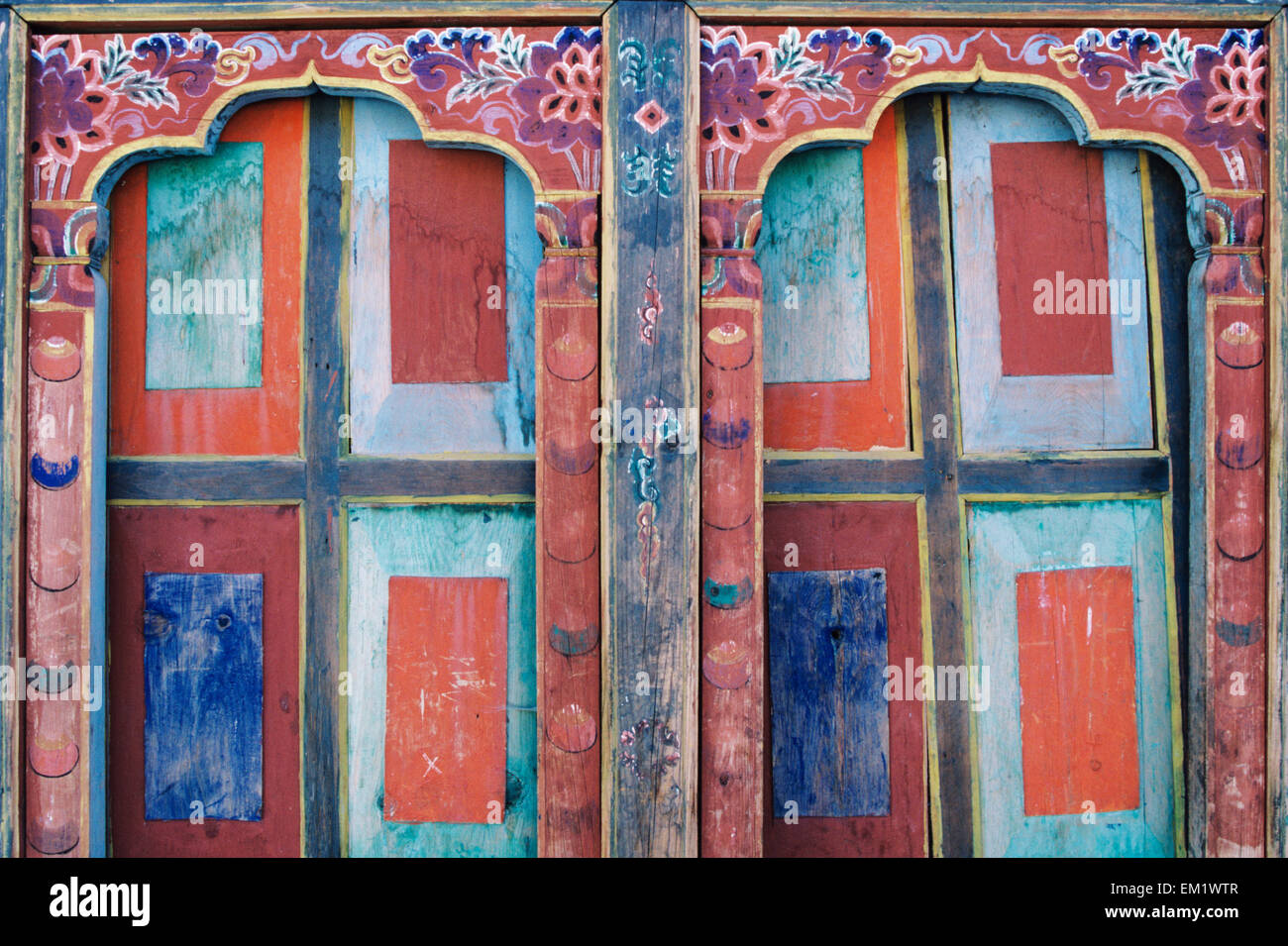 Bhutan, Paro, Detail of wall art and architecture; Ta Dzong Museum ...