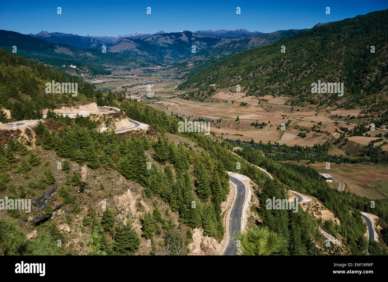 Bhutan, Winding roads on hillside in rural landscape; Bumthang Valley ...