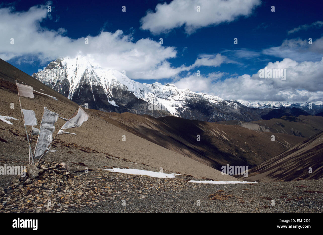 Bhutan, Himalayas, Snow-capped mountains in background; Jarala Pass ...