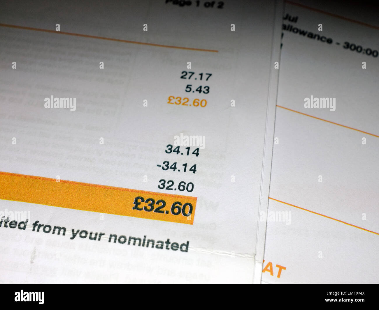 The total of a paper mobile phone bill Stock Photo - Alamy